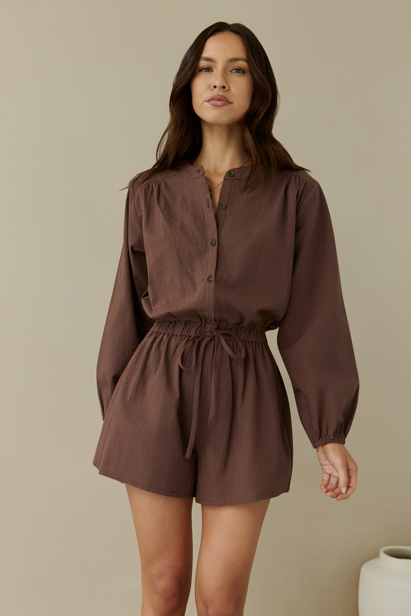 Birdcall Long Sleeve Playsuit Brown | Fortunate One