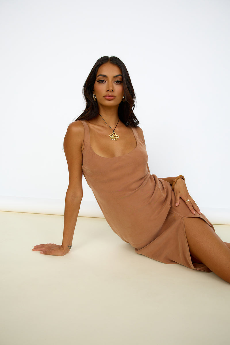 NUDE LUCY Harlow Cupro Slip Maxi Dress Terracotta | Fortunate One