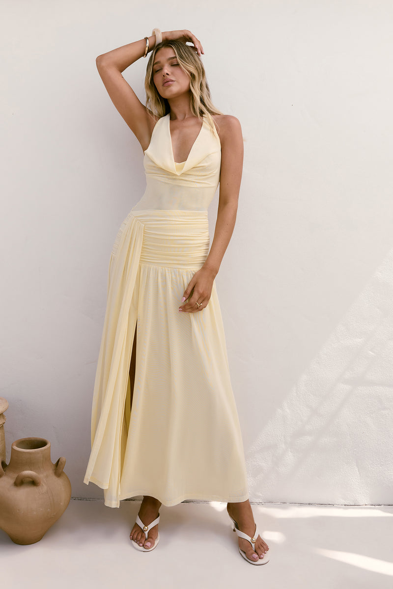 Dancing Skies Mesh Halter Maxi Dress Yellow | Fortunate One