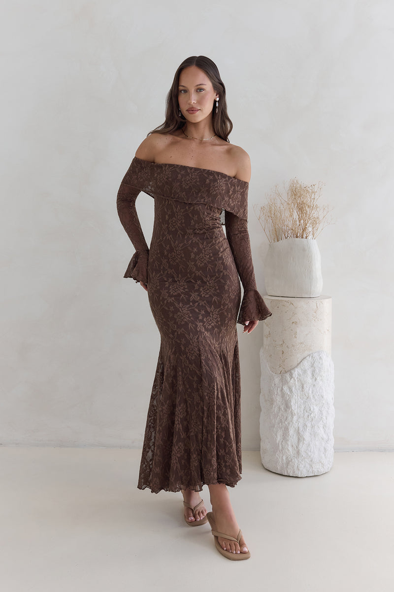 Here For Love Off Shoulder Mesh Maxi Dress Chocolate | Fortunate One