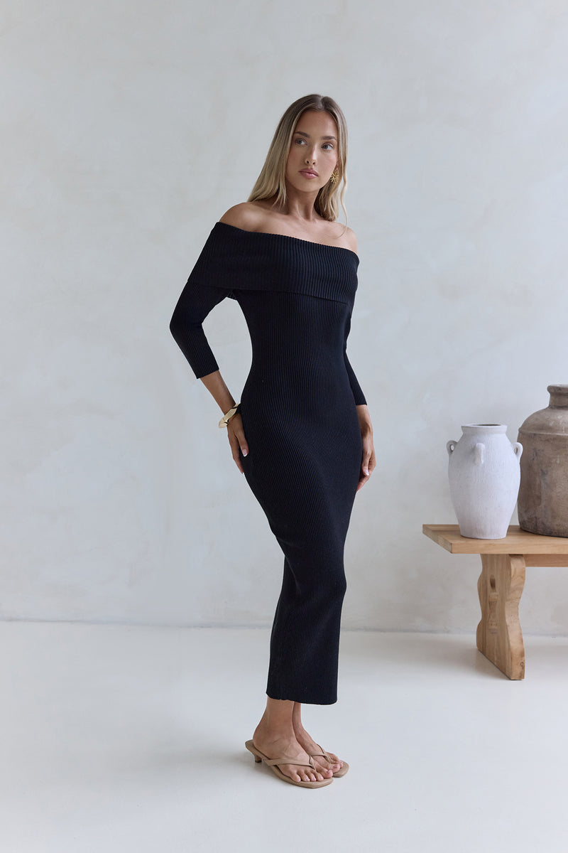Chilled Luxe Off Shoulder Knit Maxi Dress Black | Fortunate One