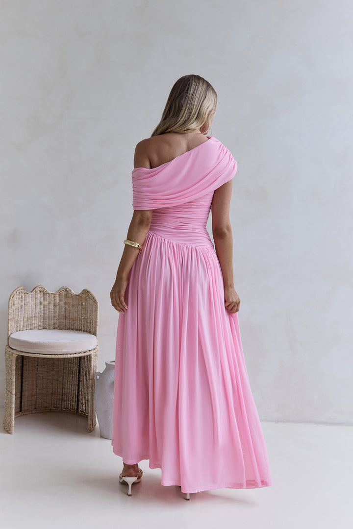 Hidden Flair One Shoulder Mesh Maxi Dress Pink | Fortunate One