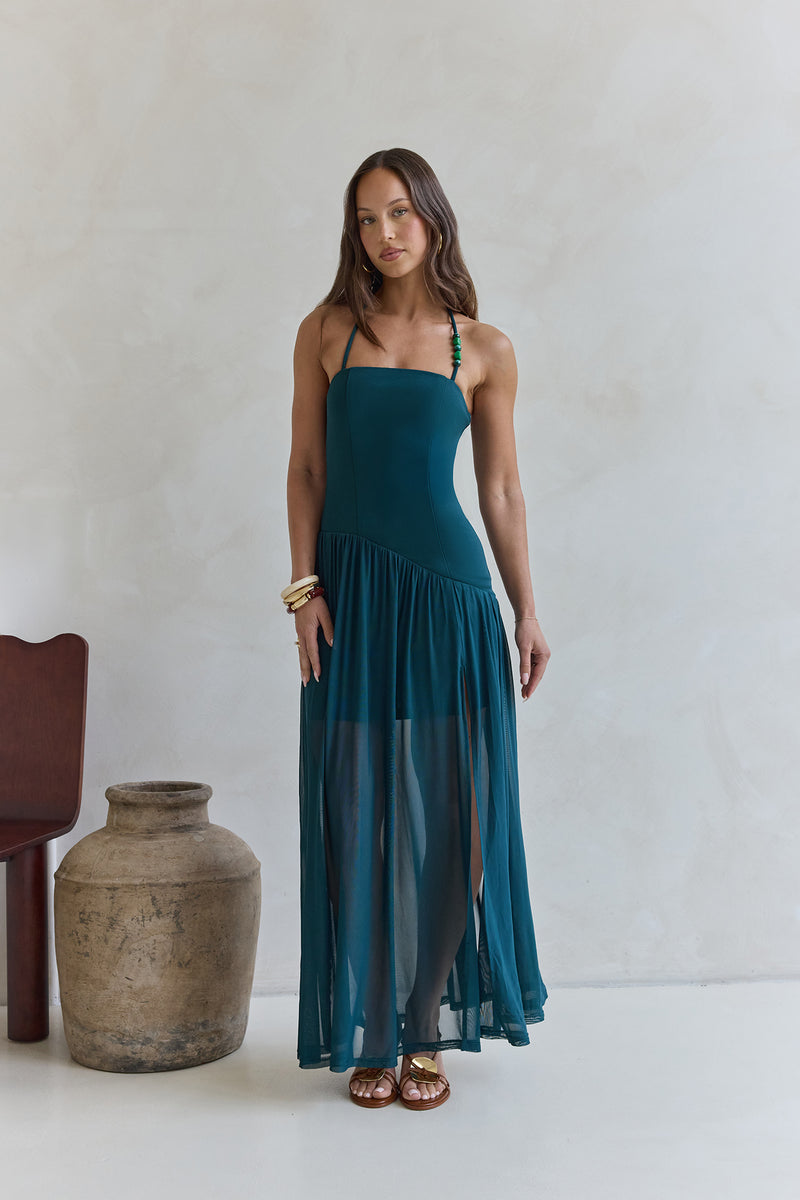 Feel The Light Halter Mesh Maxi Dress Teal | Fortunate One